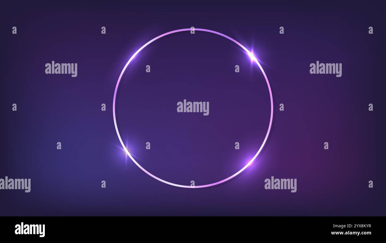 Neon round frame with shining effects on dark background. Empty glowing ...