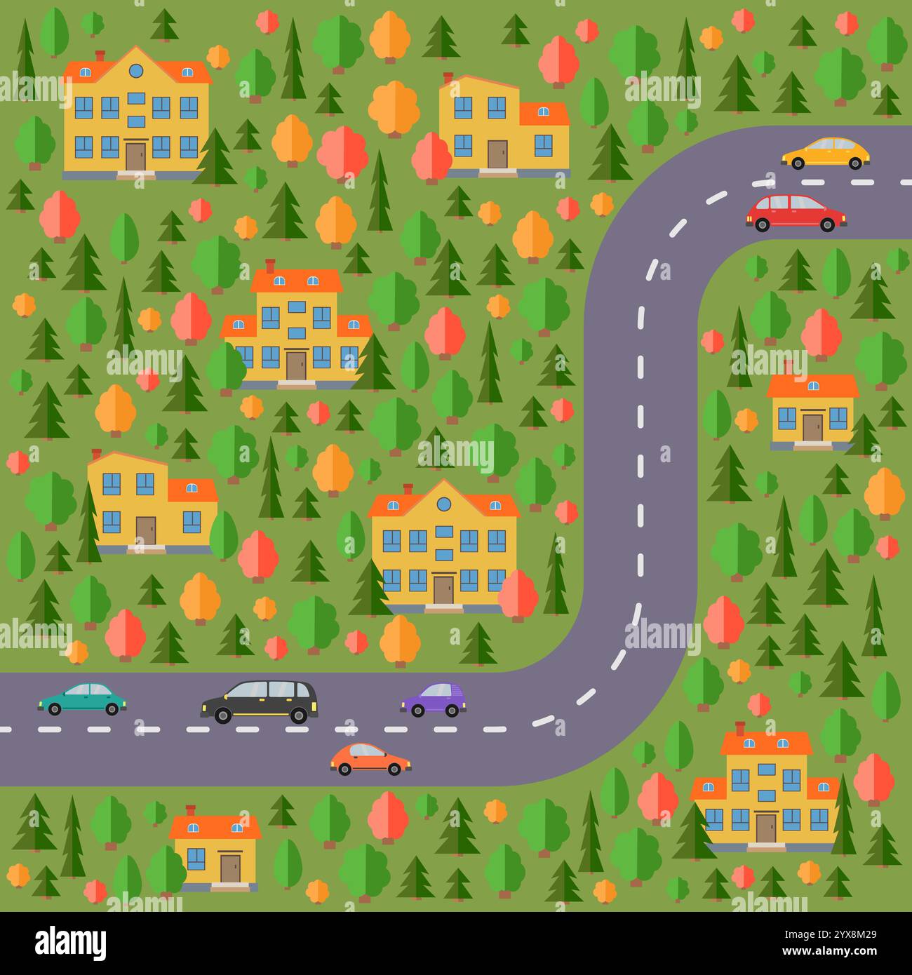 Plan of village. Landscape with the road, forest, cars and yellow ...