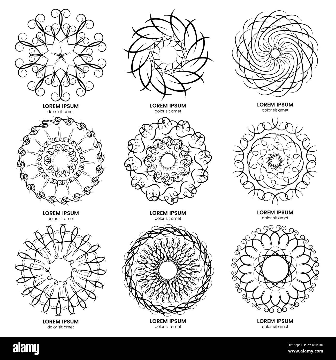 Set of nine vintage geometric circular elements. Vector black monogram ...