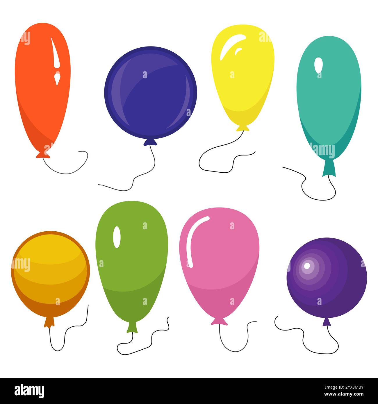 Set of eight colorful balloons with a string isolated on white ...