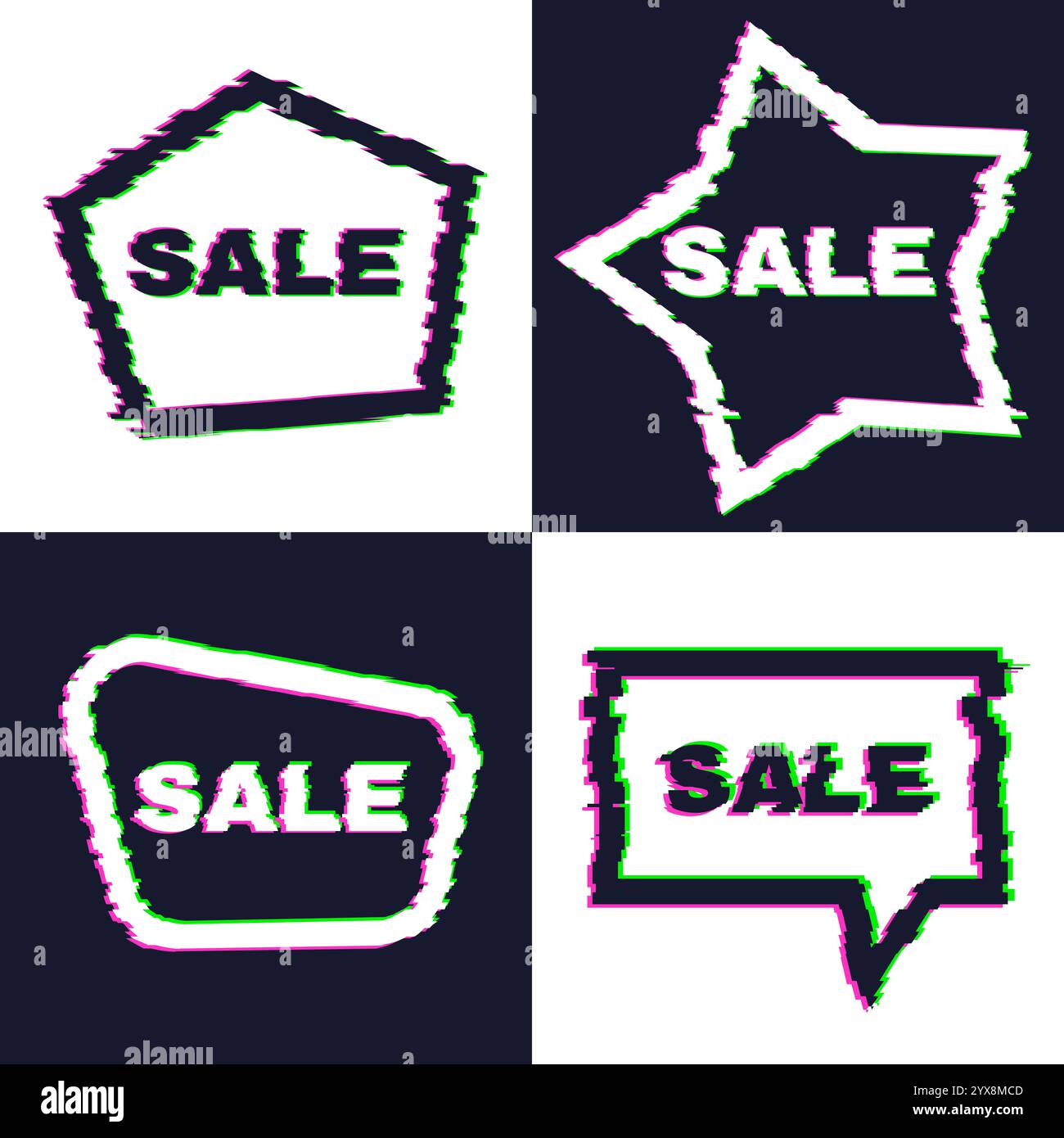 Set of four distorted glitch sale banners with error effect on the ...
