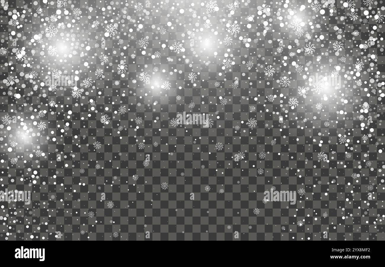 Snowfall and falling snowflakes on dark transparent background. White ...