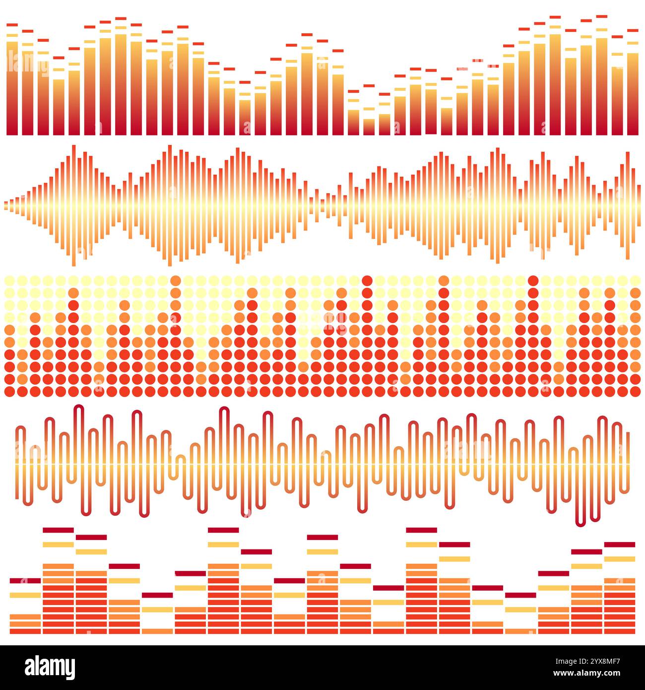 Vector set of orange sound waves. Audio equalizer. Sound & audio waves isolated on white ...