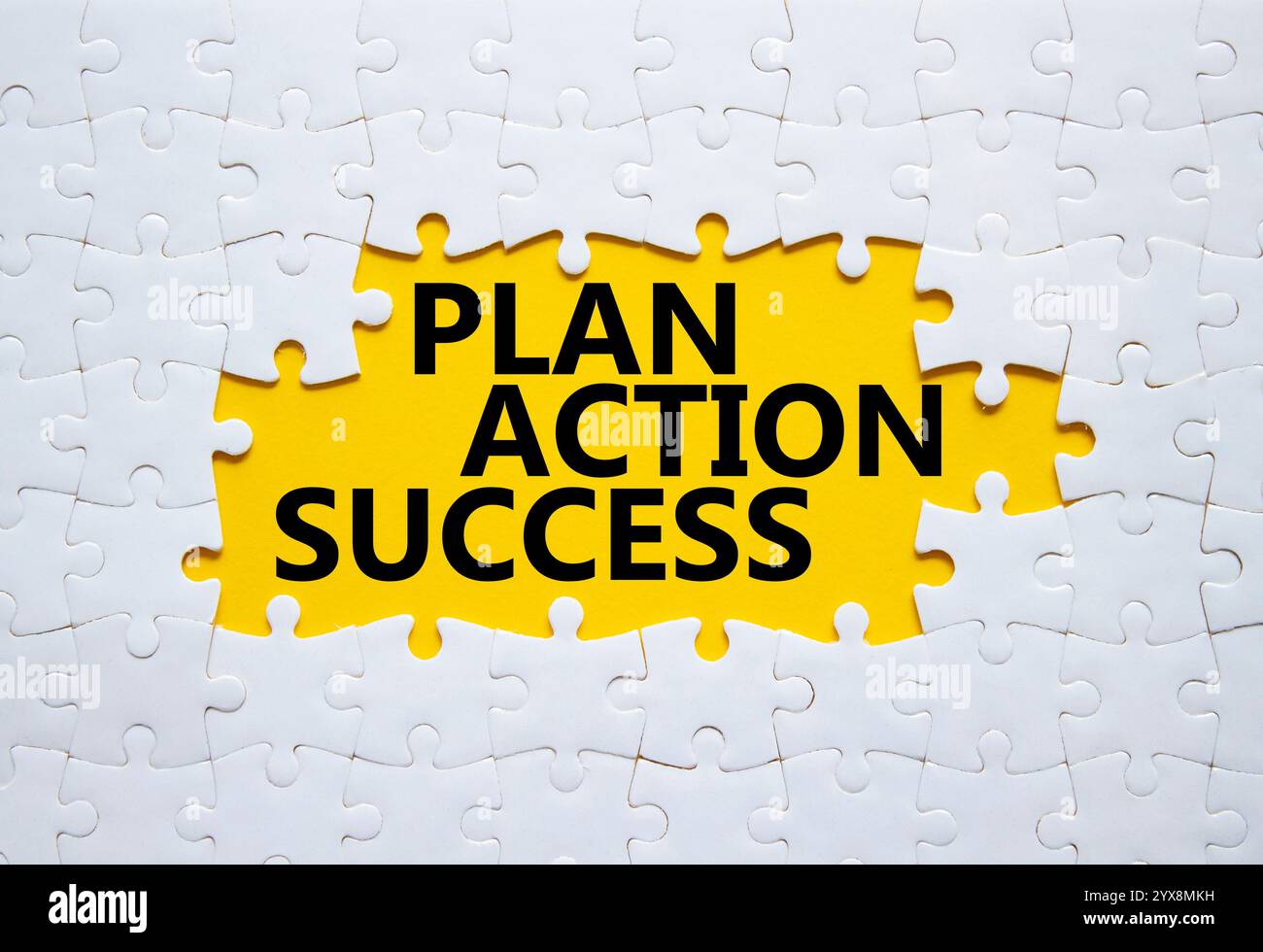Plan Action Success symbol. Concept words Plan Action Success on white puzzle. Beautiful yellow ...