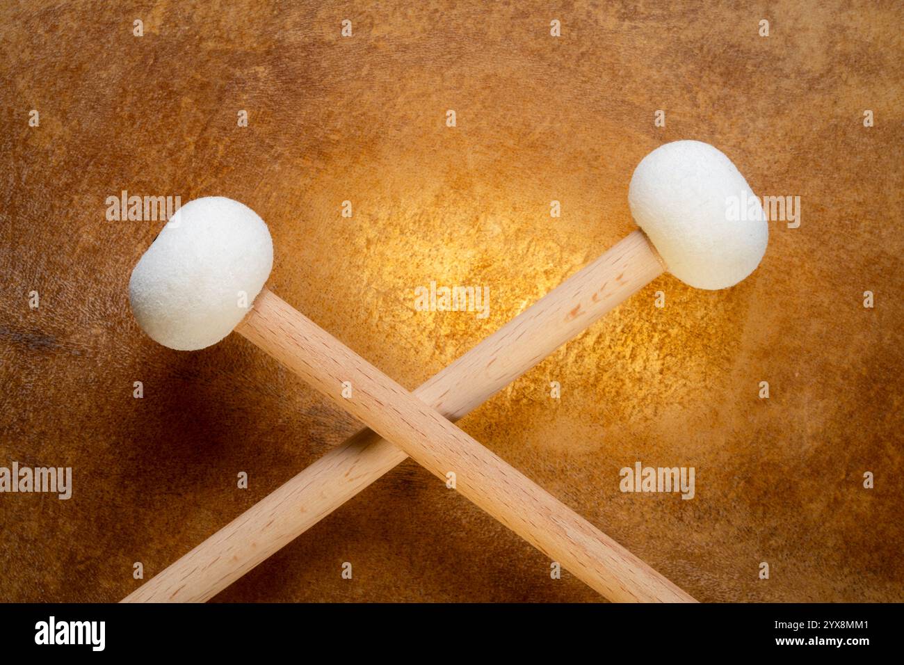 soft felt timpani mallets against backlit drum goat skin Stock Photo ...