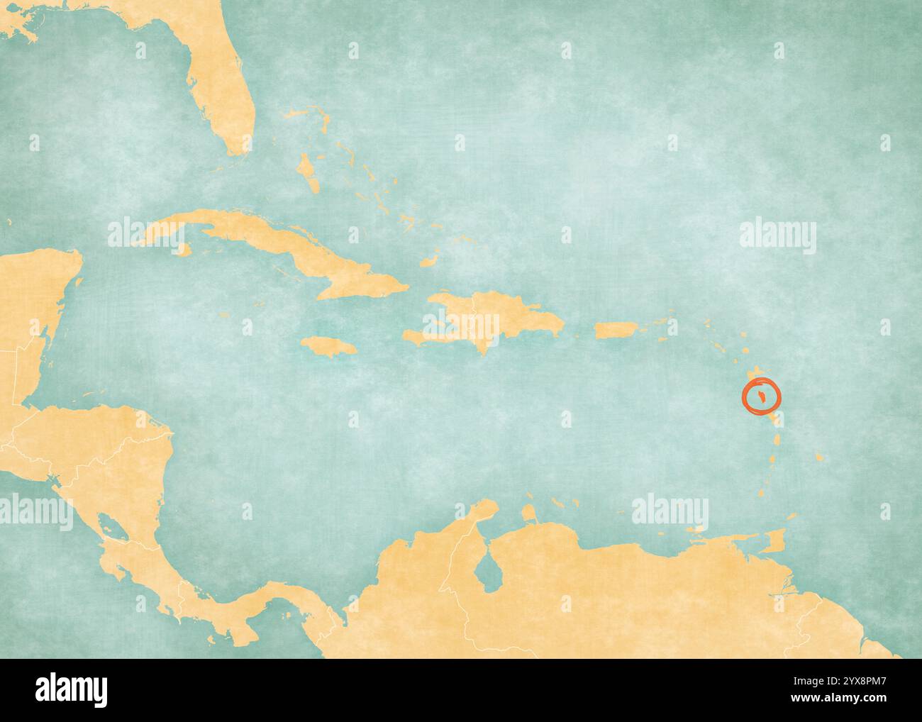 Dominica on the map of Caribbean islands in soft grunge and vintage ...