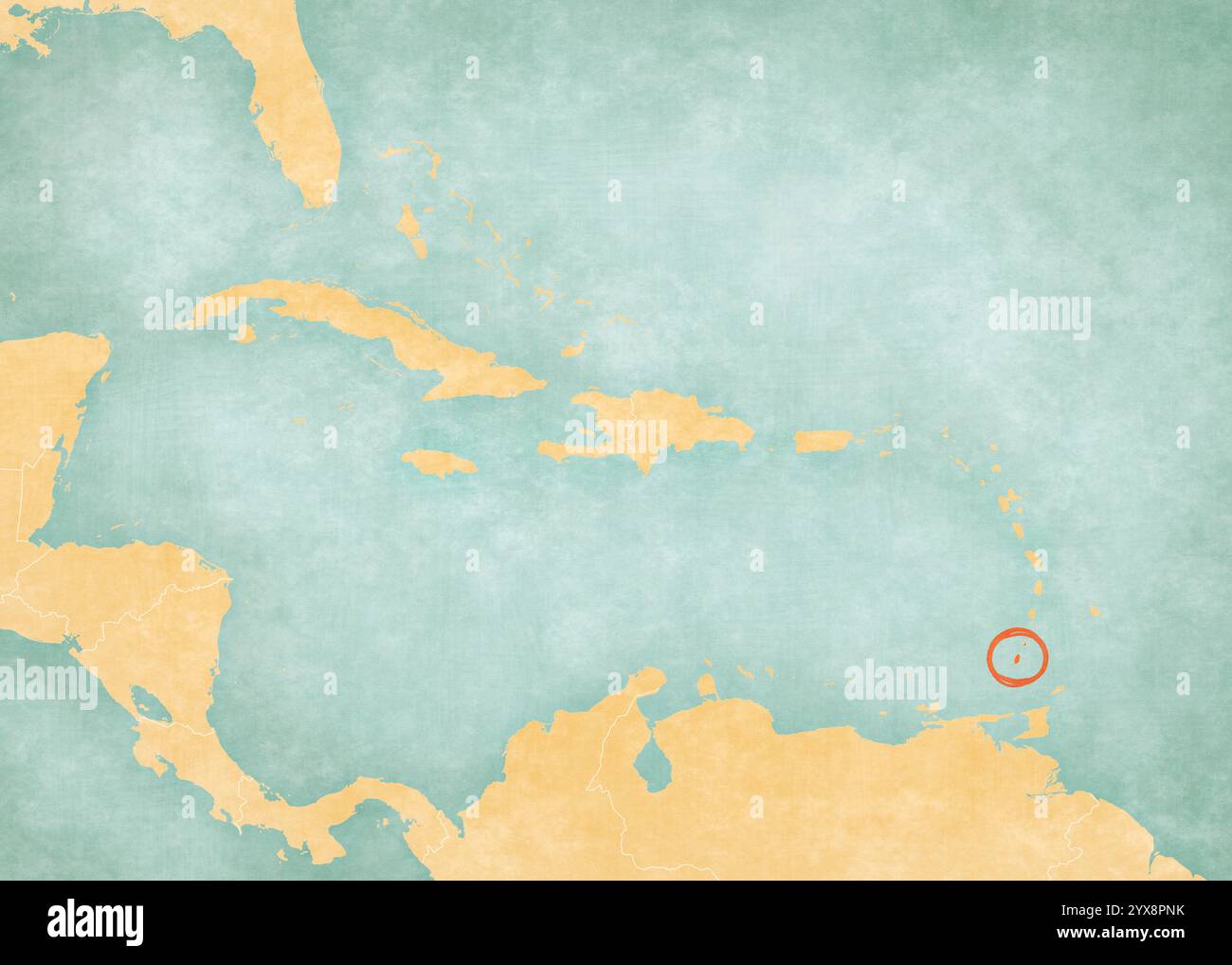 Grenada on the map of Caribbean islands in soft grunge and vintage ...
