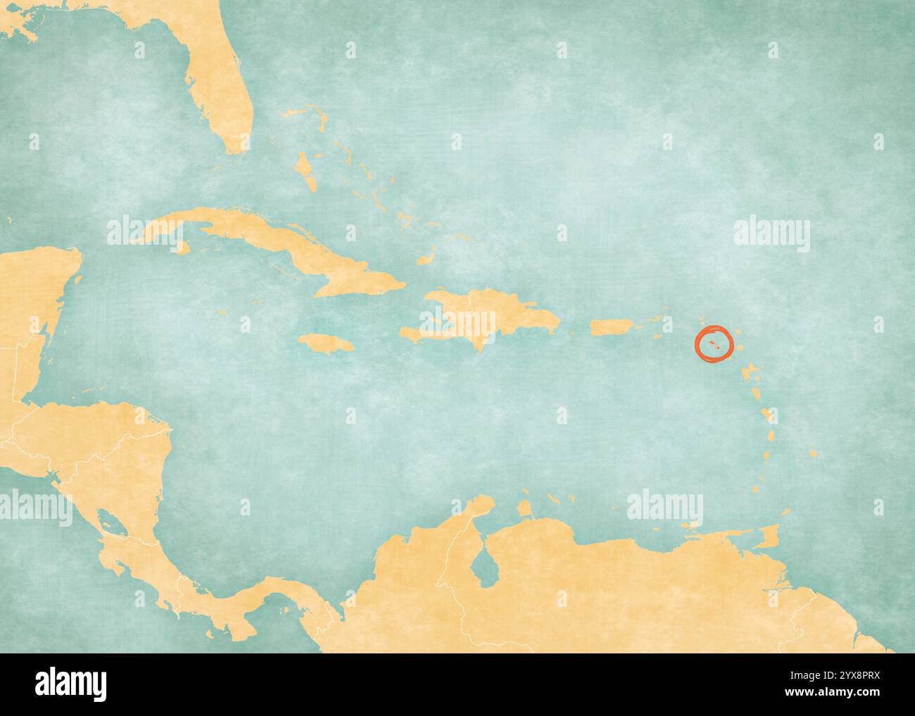 Saint Kitts and Nevis on the map of Caribbean islands in soft grunge ...