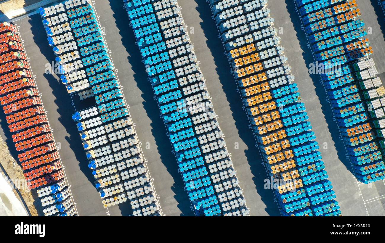 An Aerial View Showcasing a Vibrant Array of Colorful Shipping Containers in a Storage Yard ...