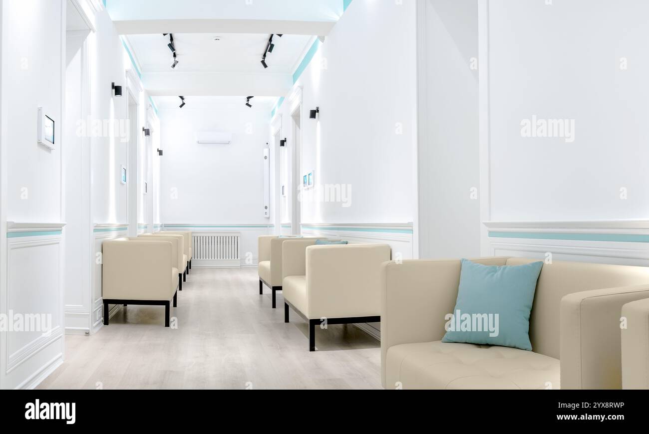 Modern waiting room with beige armchairs, light blue accents, and white ...