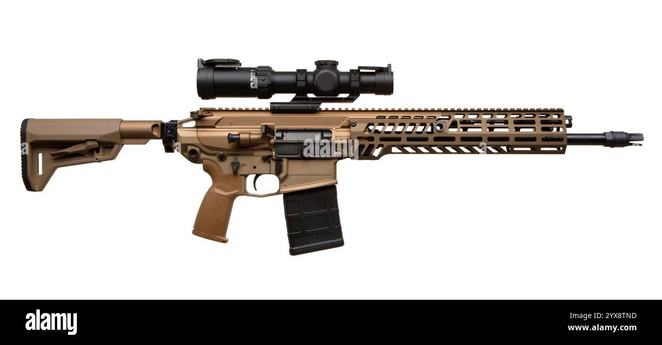 Modern tactical rifle with a scope and tan finish, featuring a ...