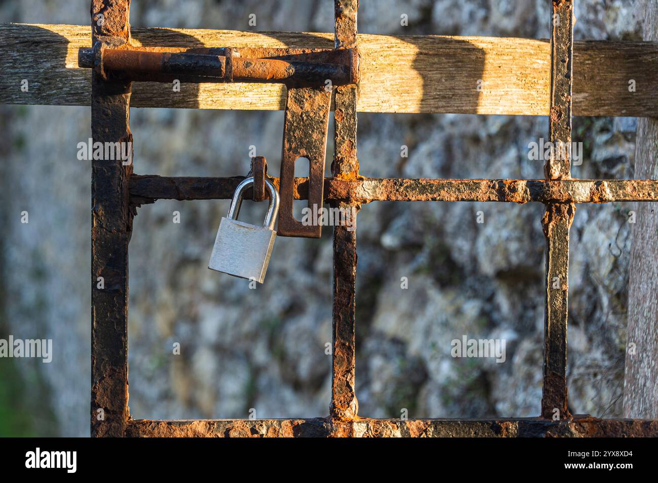 rusty metal gate with modern padlock Stock Photo - Alamy