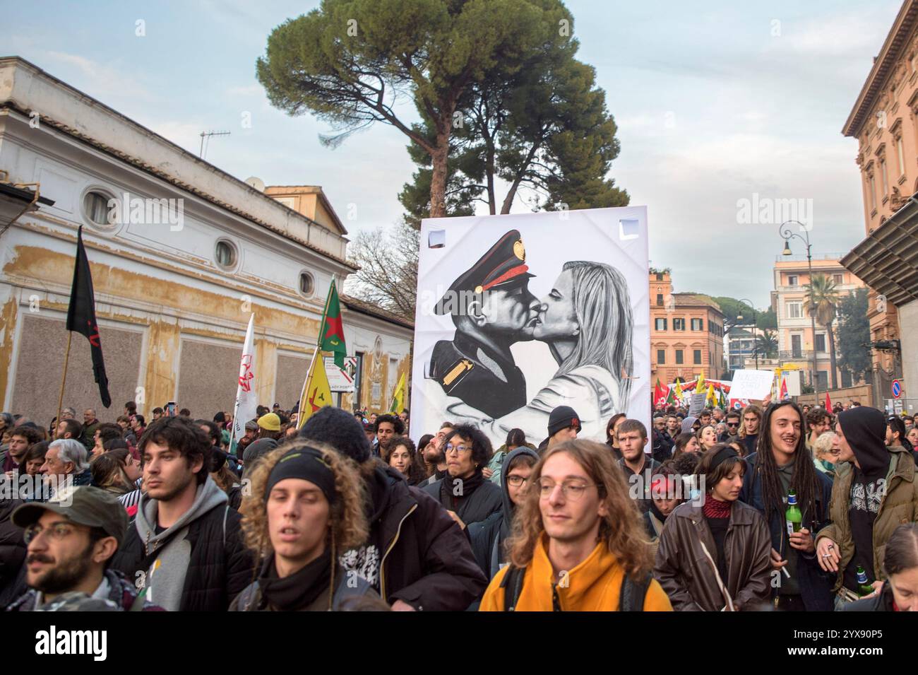 Rome, Italy. 14th Dec, 2024. A large sign featuring Giorgia Meloni and ...