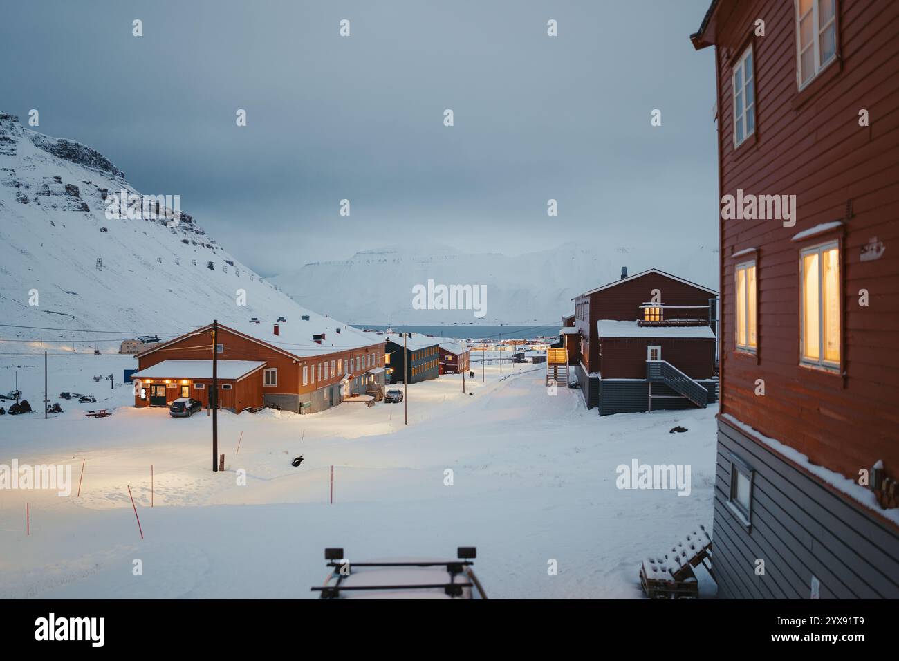 View down to Longyearbyen, Svalbard from Nybyen in the arctic circle ...