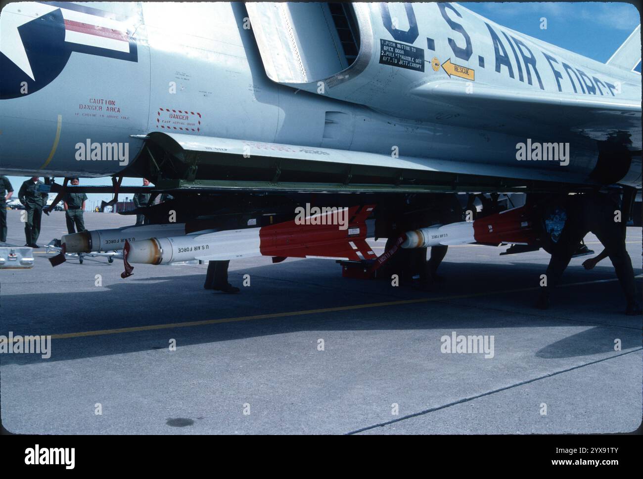 Full load of four AIM-4 missiles on extended rails beneath an F-106A ...