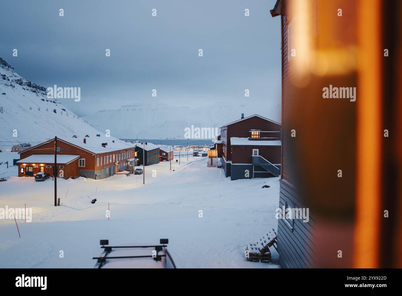 View of Longyearbyen, Svalbard from hostel entrance in Nybyen Stock ...