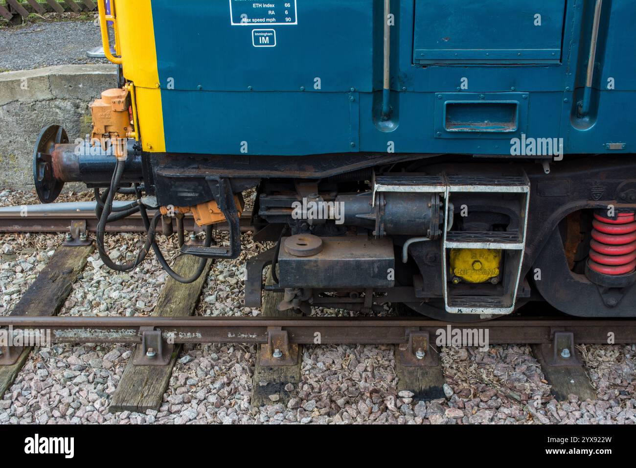 Closeup side view of a preserved Class 31 diesel locomotive showing ...