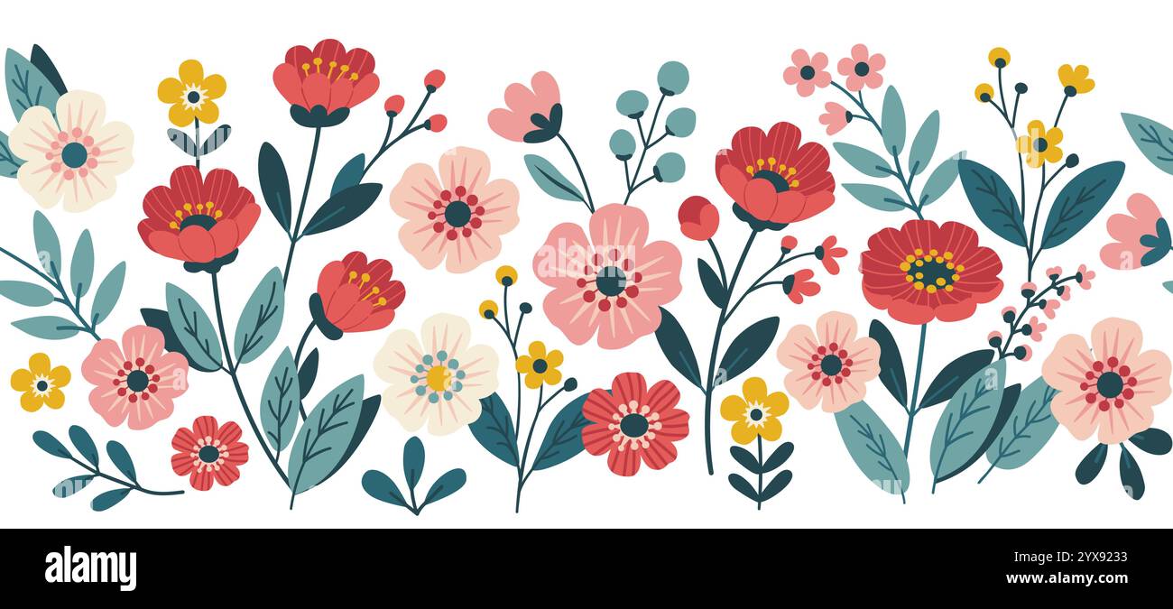 Horizontal seamless border with bright spring flowers. Flowers pattern ...