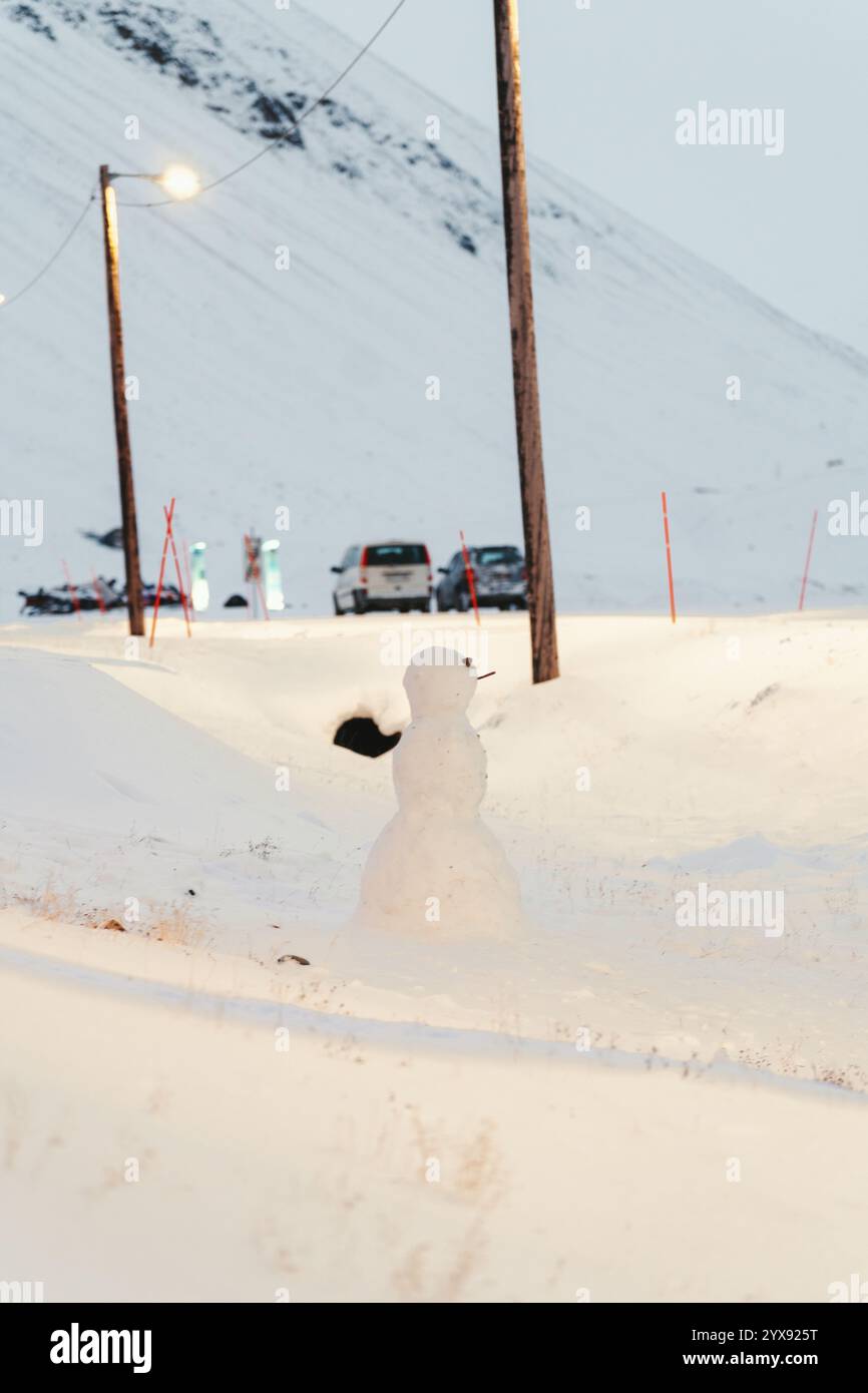 Snowman next to road outside hostel entrance in Longyearbyen, Svalbard ...