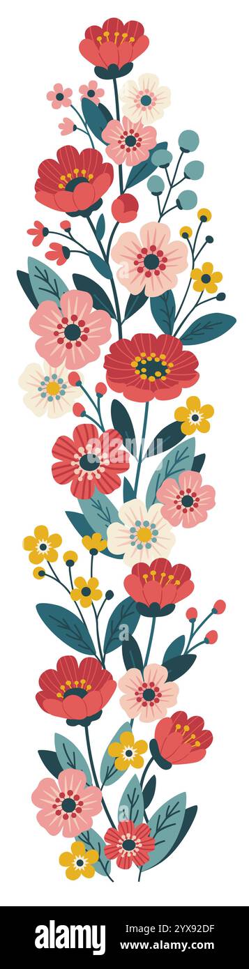 Vertical border with bright spring flowers. Flowers decor in flat ...