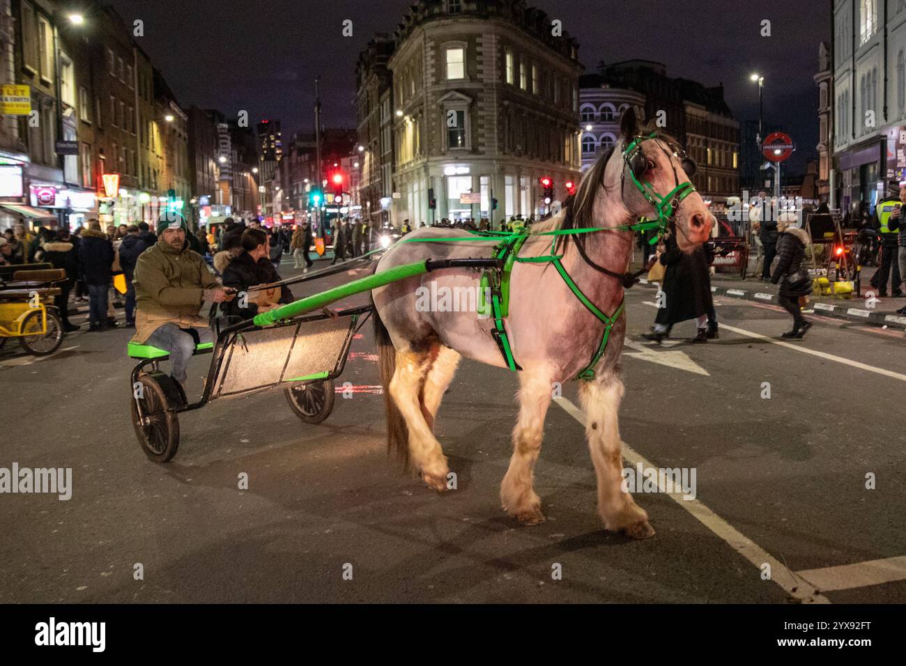 London, UK, 14th December 2024. A horse and cart stands in the middle ...