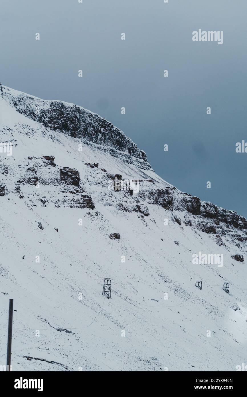 Aerial mining cableway along snowy mountain in Longyearbyen, Svalbard ...