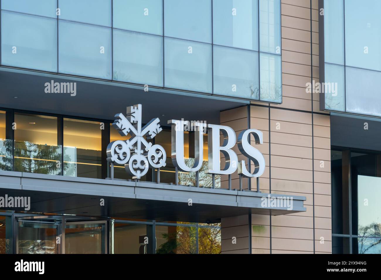Closeup of UBS logo sign above the entrance. Stamford, CT, USA Stock ...