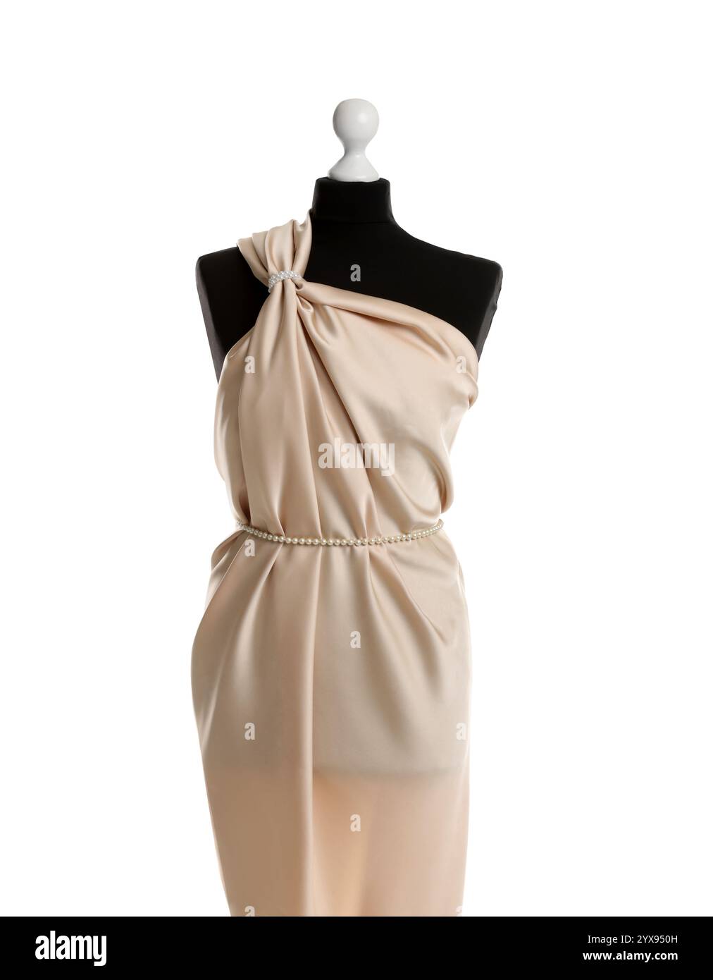 Draping beige fabric on female mannequin against white background Stock ...