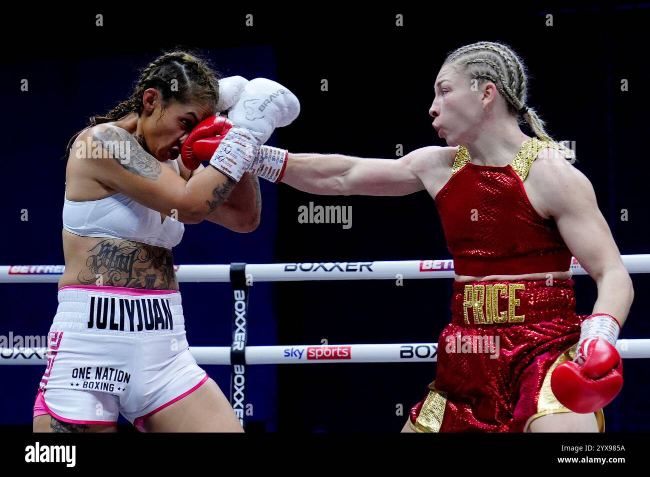 Lauren Price (right) in action against Bexcy Mateus for the WBA, IBO and Ring magazine World ...