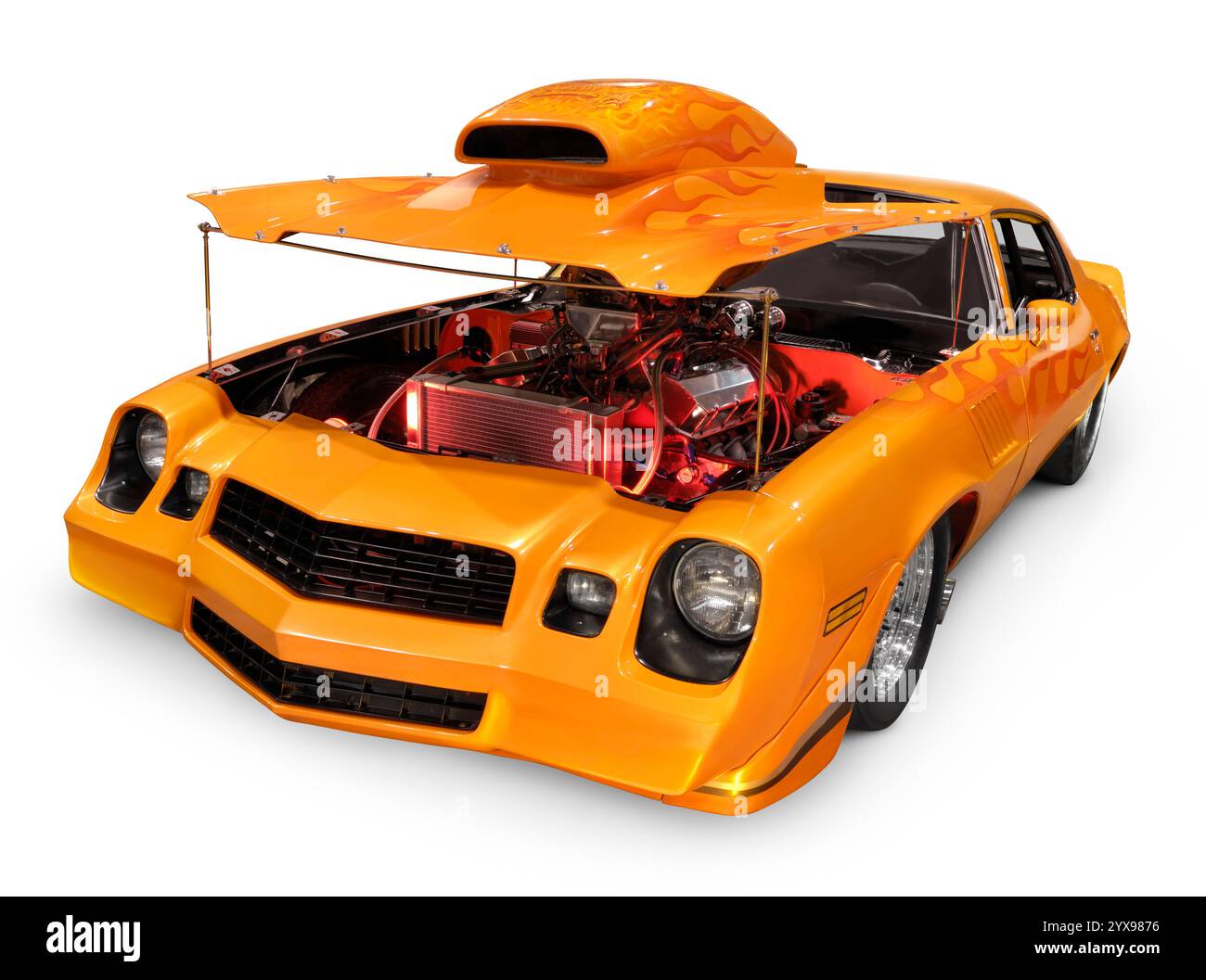 Custom orange muscle car with open hood revealing powerful engine ...