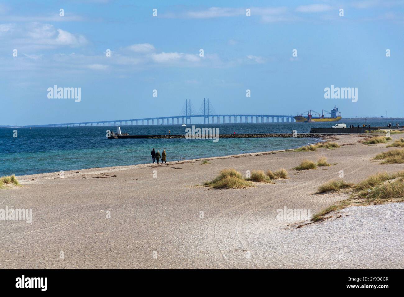 Oresund bridge seen from Amager beach park, Copenhagen, Denmark, sunny ...