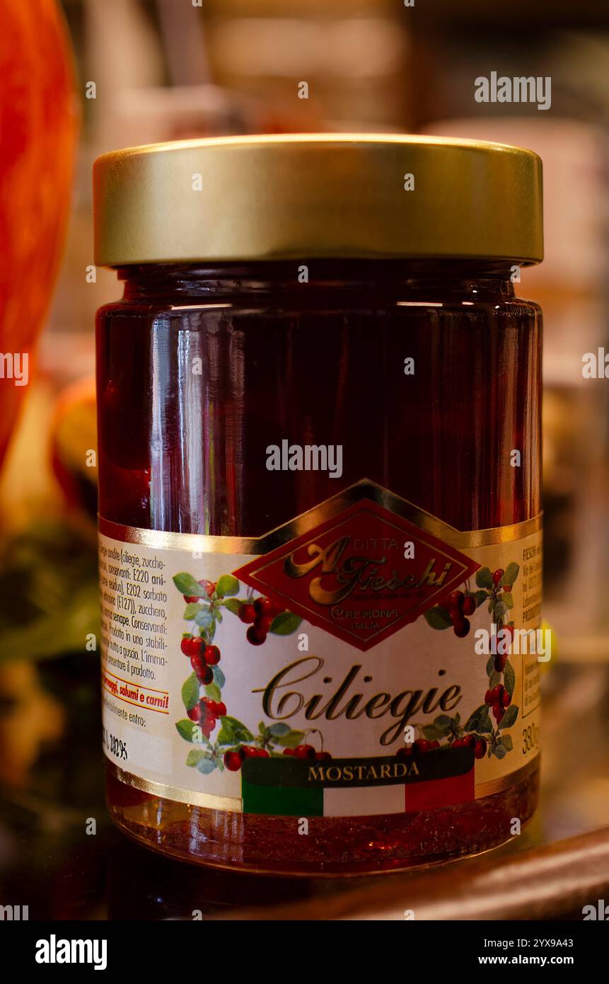 Cremona, Italy - November 15th 2020 Glass jar of cherry mustard, a ...