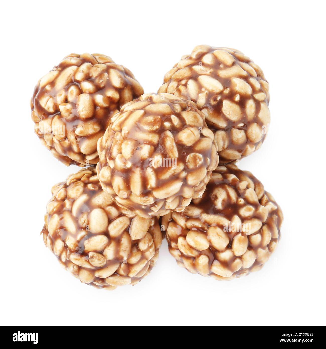 Delicious chocolate puffed rice balls isolated on white, top view Stock ...