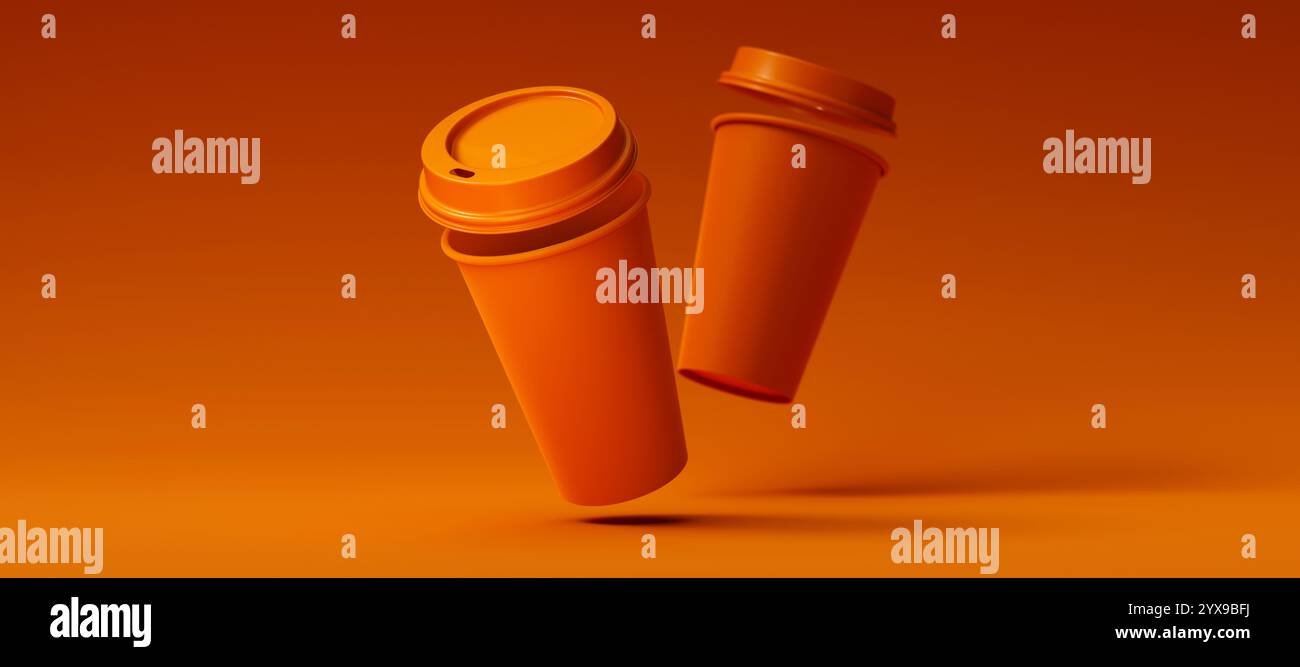 Two Minimalist Orange Blank Paper Coffee Cup with open lid floating ...