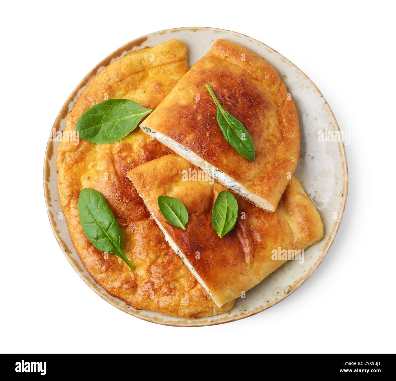 Tasty calzones with basil and cheese isolated on white, top view Stock ...