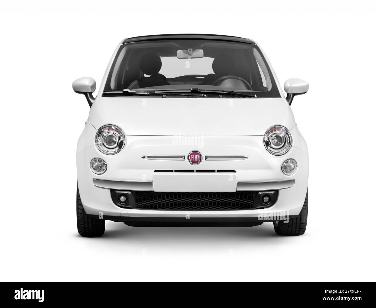 White 2010 Fiat Nuova 500 small city car front view isolated on white ...