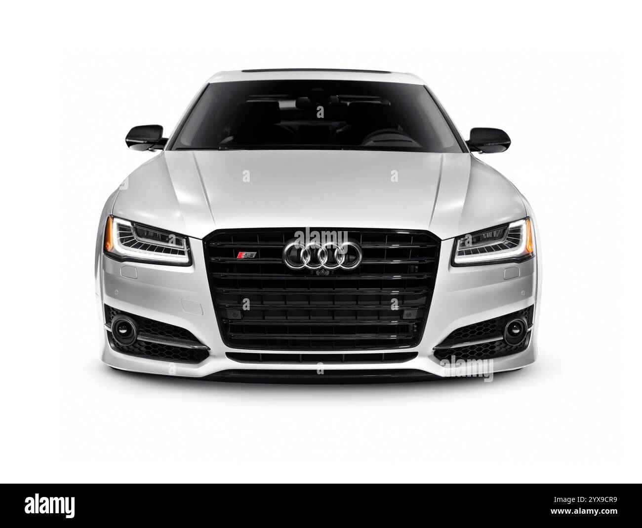 Silver 2016 Audi S8 Plus Sedan luxury car front view isolated on white background with clipping ...