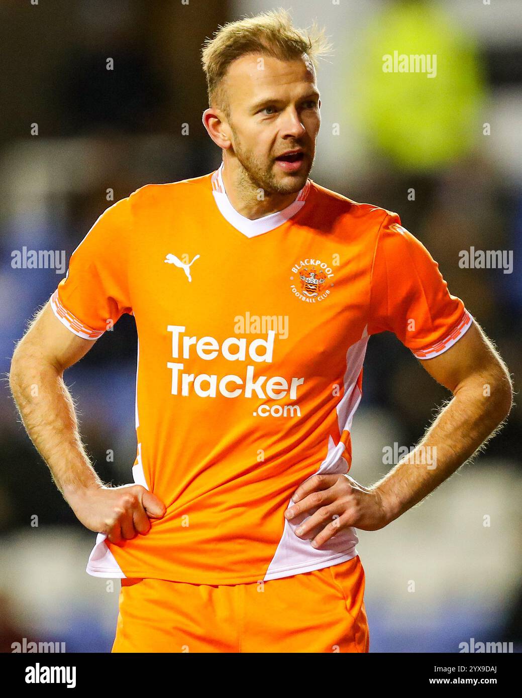 Reading, UK. 14th Dec, 2024. Jordan Rhodes of Blackpool reacts during ...