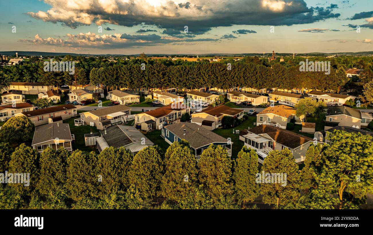 Aerial view captures a Mobile, Prefab, Manufactured Home neighborhood ...