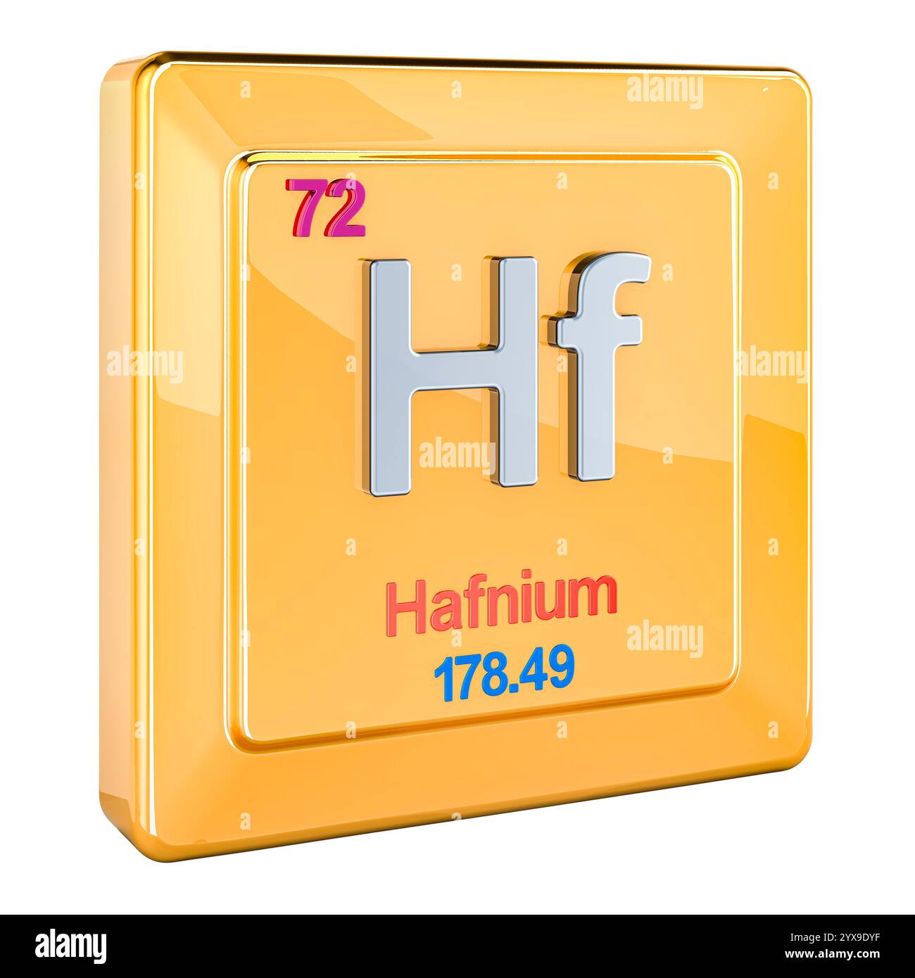 Hafnium Hf, chemical element sign with number 72 in periodic table. 3D ...