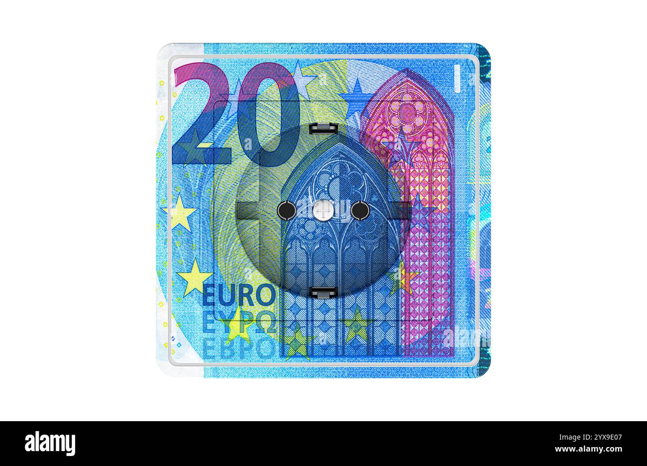 Electrical socket, outlet with 20 euro texture. 3D rendering isolated ...