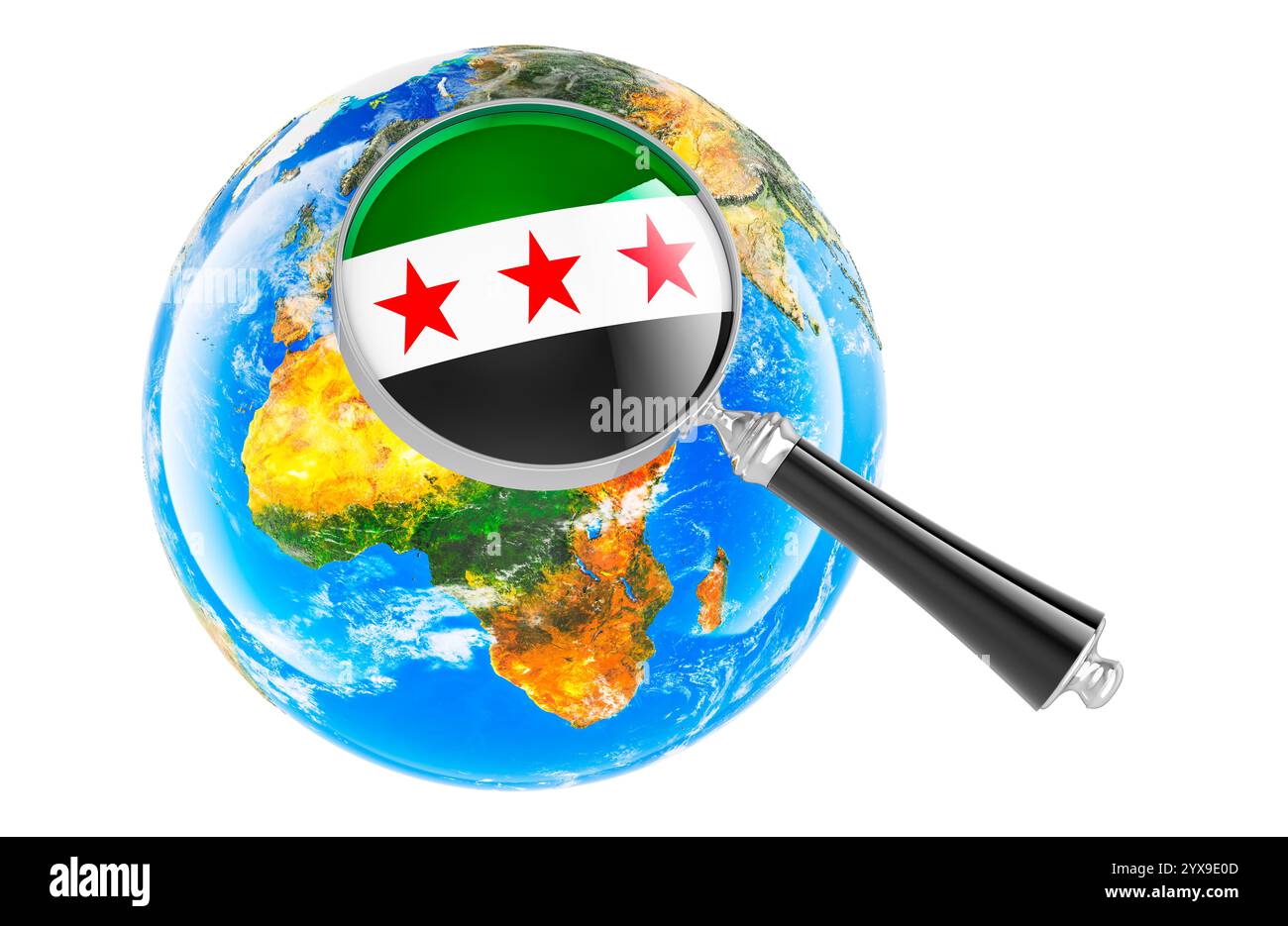 Syrian flag under magnifying glass with Earth Globe, 3D rendering ...