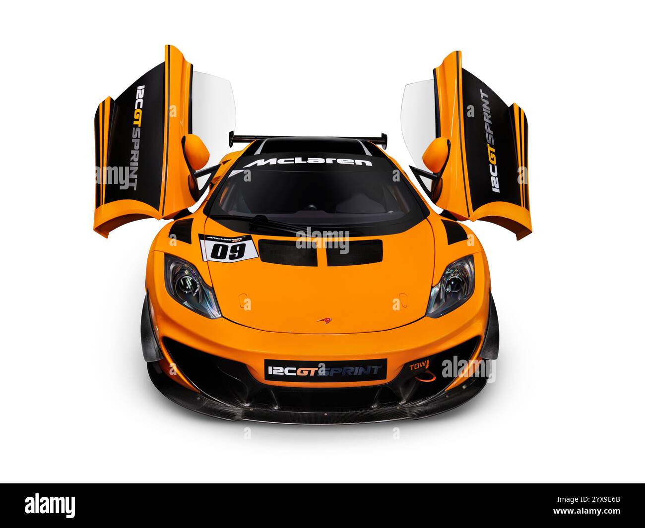 Orange 2014 McLaren 12C GT Sprint supercar with open butterfly doors ...