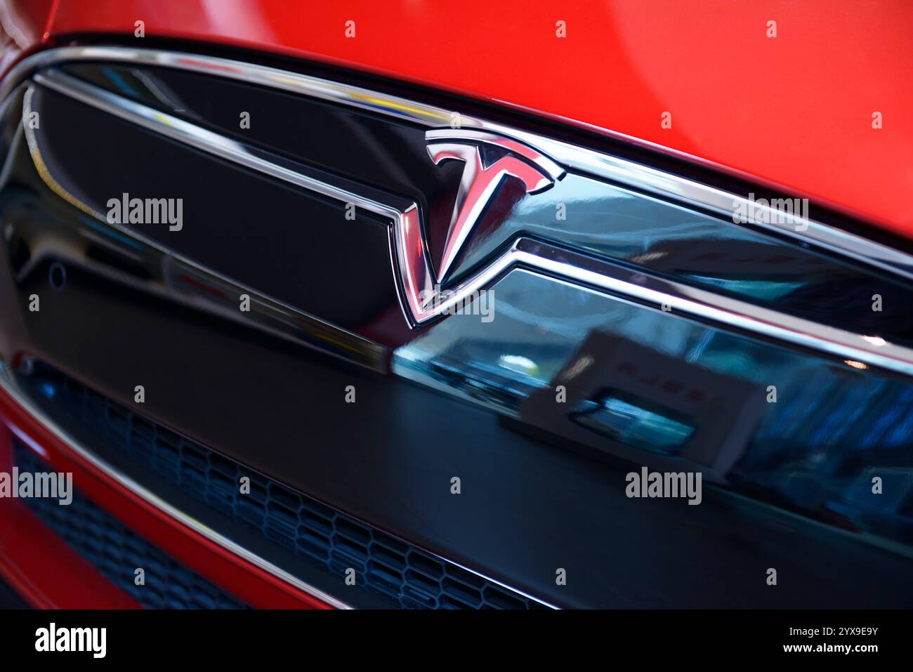 Tesla model S car emblem, Tesla Motors logo closeup Stock Photo - Alamy
