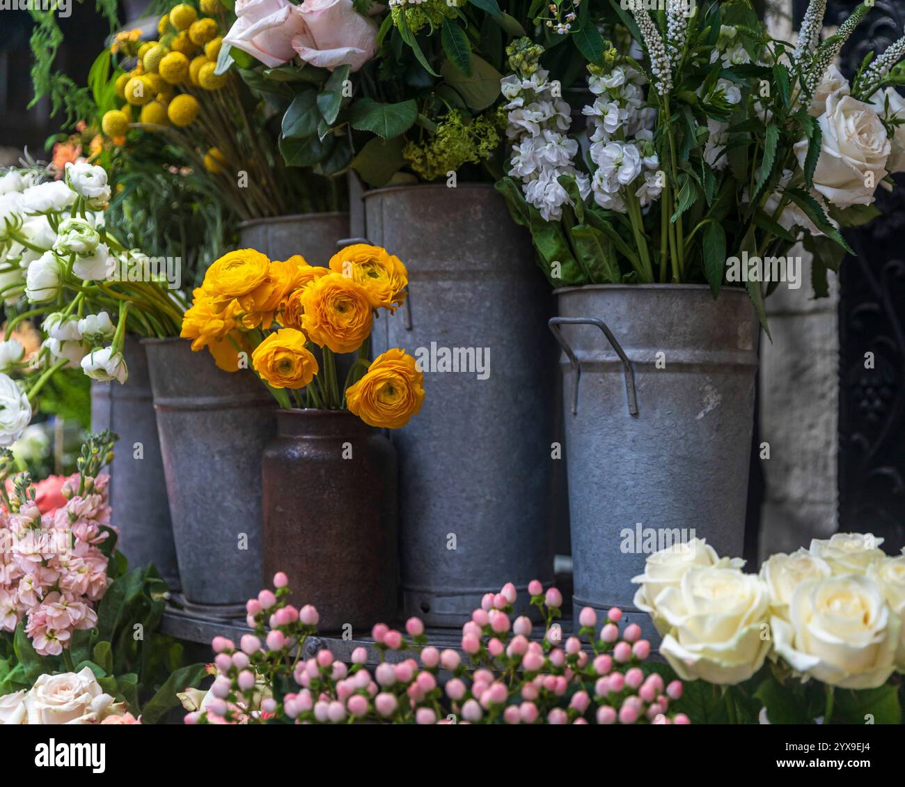 White Matthiola incana, roses, peachy dahlias, yellow ranunculus ...