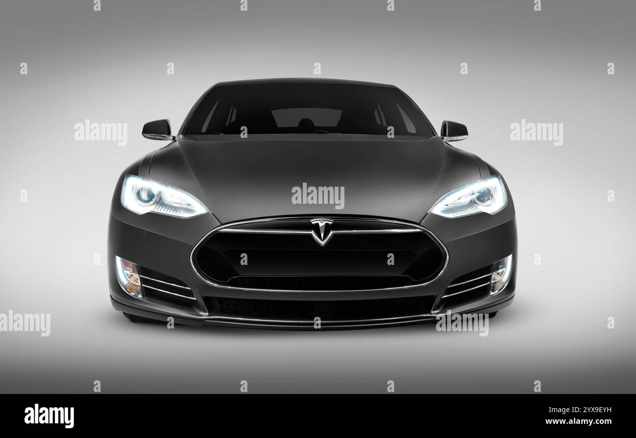 Gray 2017 Tesla Model S luxury electric car front view isolated on gray ...