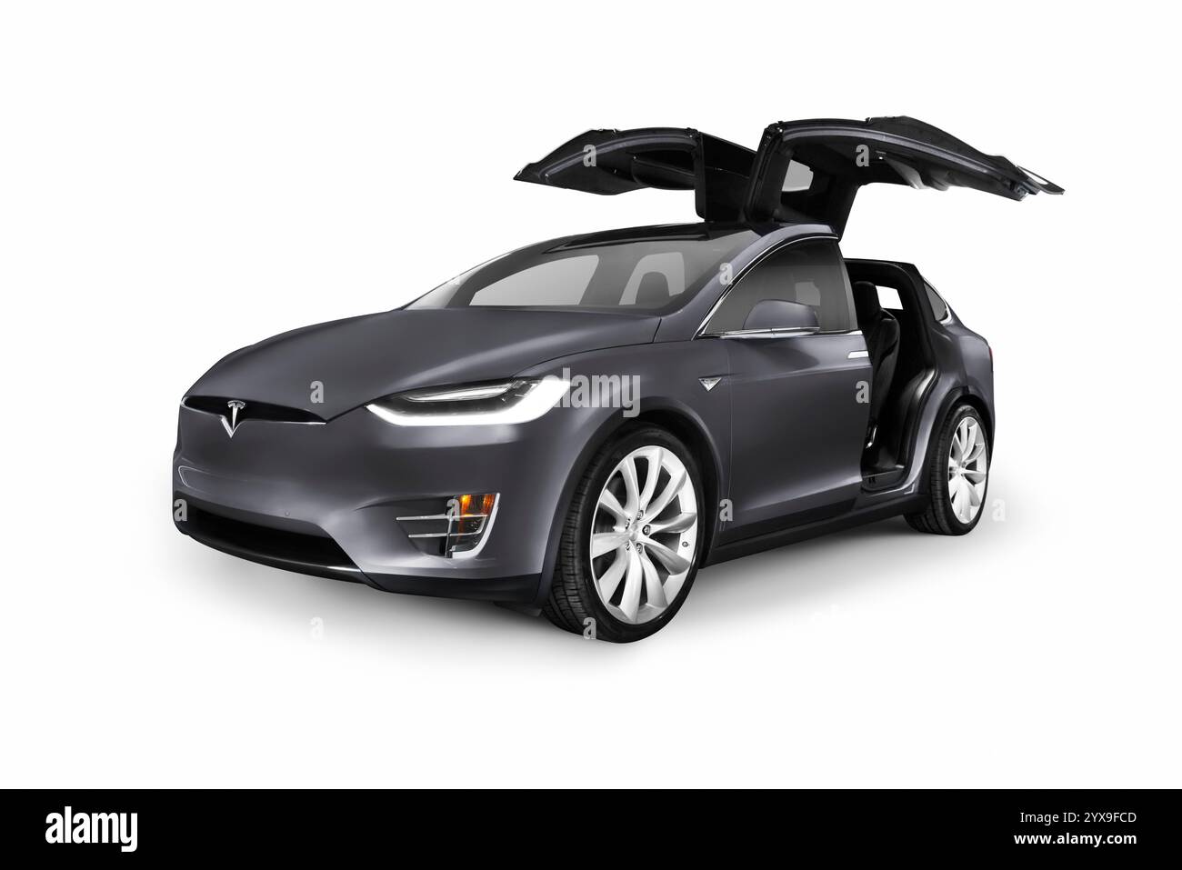 Gray Tesla Model X luxury SUV electric car with open falcon wing doors ...