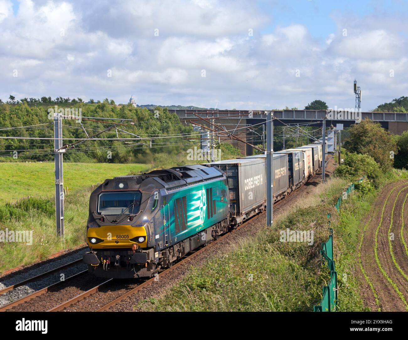 Direct Rail Services class 68 diesel locomotive 68005 hauling a inter-modal container freight ...
