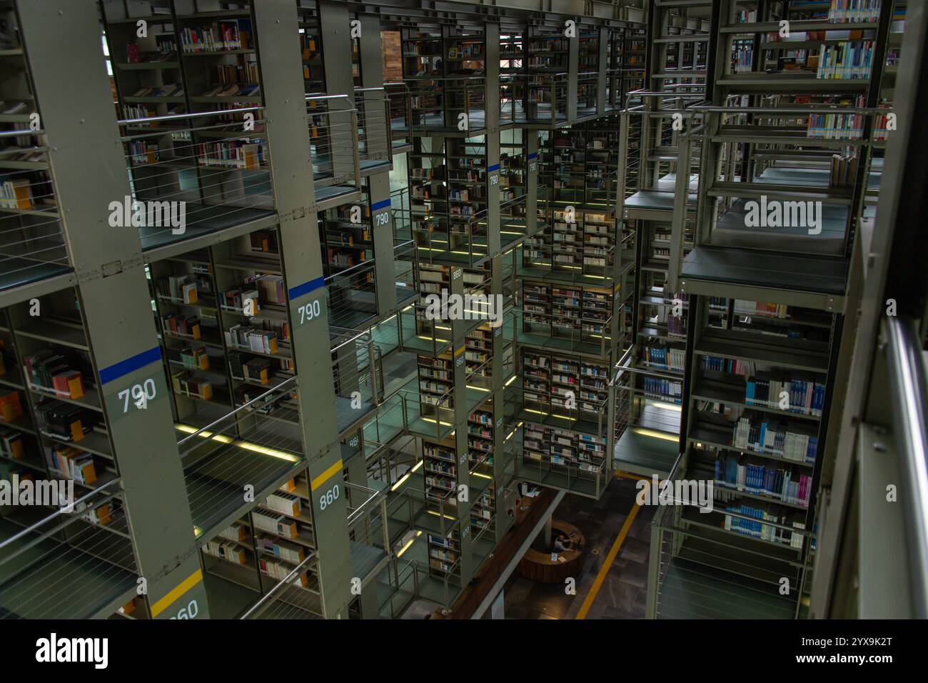 Close-up view of towering metal bookshelves at Biblioteca Vasconcelos ...
