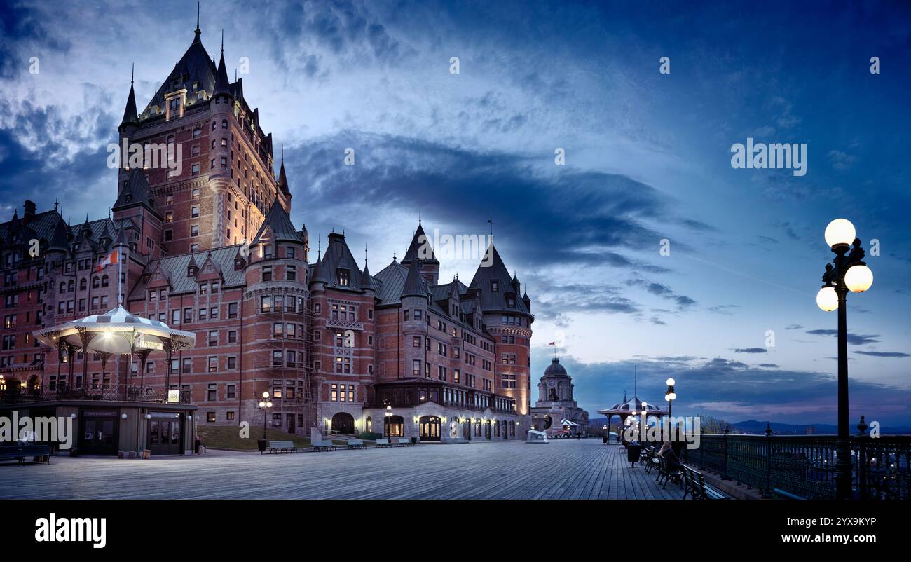 Panorama of Fairmont Chateau Frontenac castle grand hotel with dramatic ...